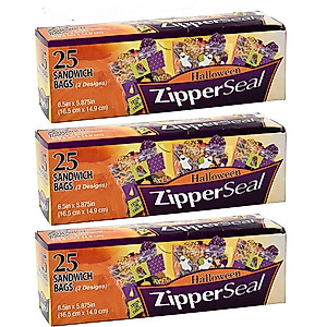 Set of 75 Halloween Zipper Seal Sandwich Bags - Assorted Halloween Fun Designs - Great for Treats