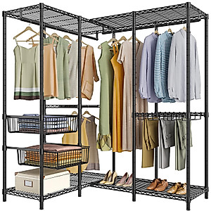 VIPEK L40 Pro L Shape Garment Rack Corner Clothes Rack for Hanging Clothes, Heavy Duty Clothing Rack with 2 Sliding Baskets & 10 Pants Hangers, Freestanding Wardrobe Closet, Max Load 1000lbs, Black