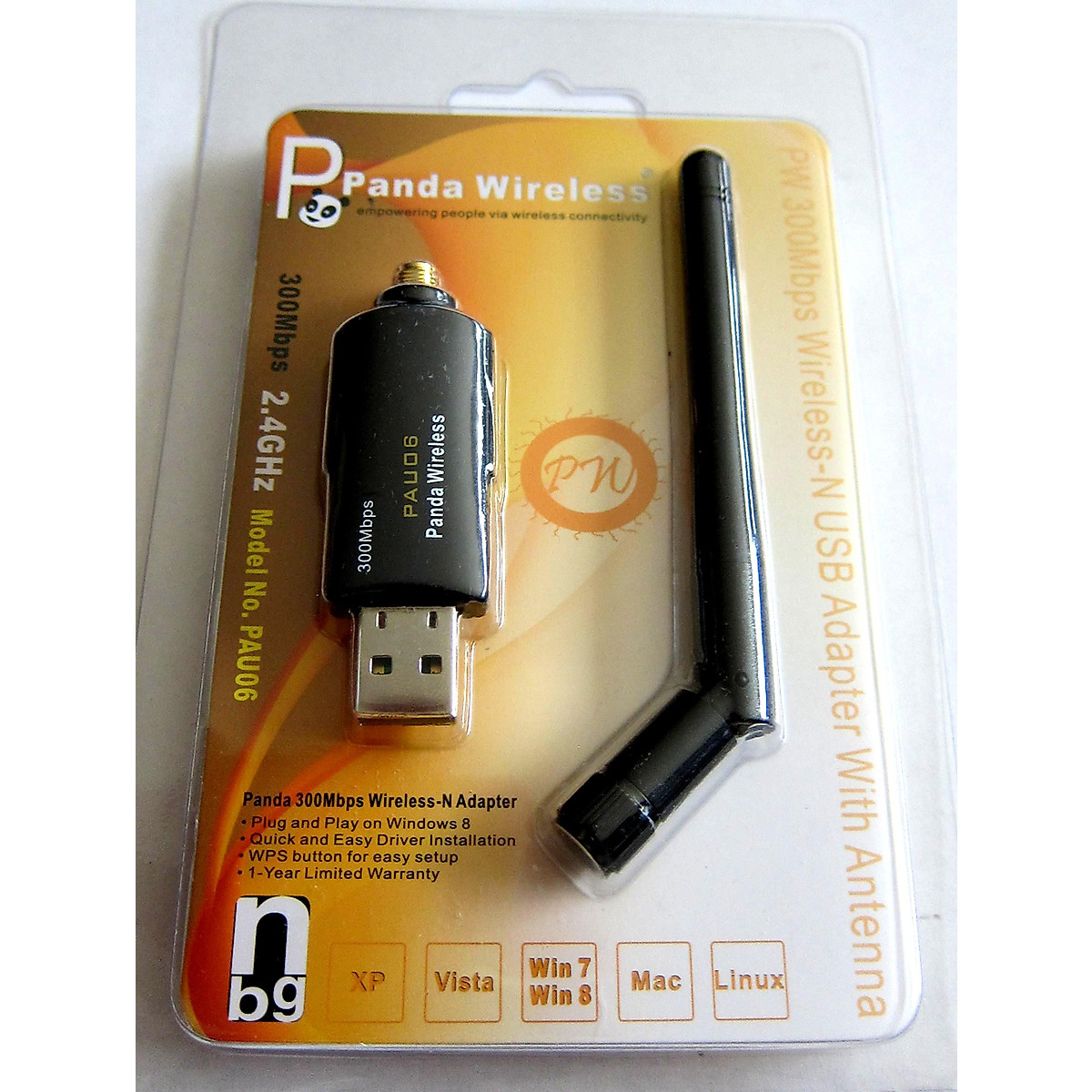 Panda Wireless PAU06 300Mbps Wireless N USB Adapter - w/High Gain Antenna - Win XP/Vista/7/8/10/11, Zorin, Mint, Ubuntu, MX Linux, Manjaro, Fedora, Centos, Kali Linux and Raspbian