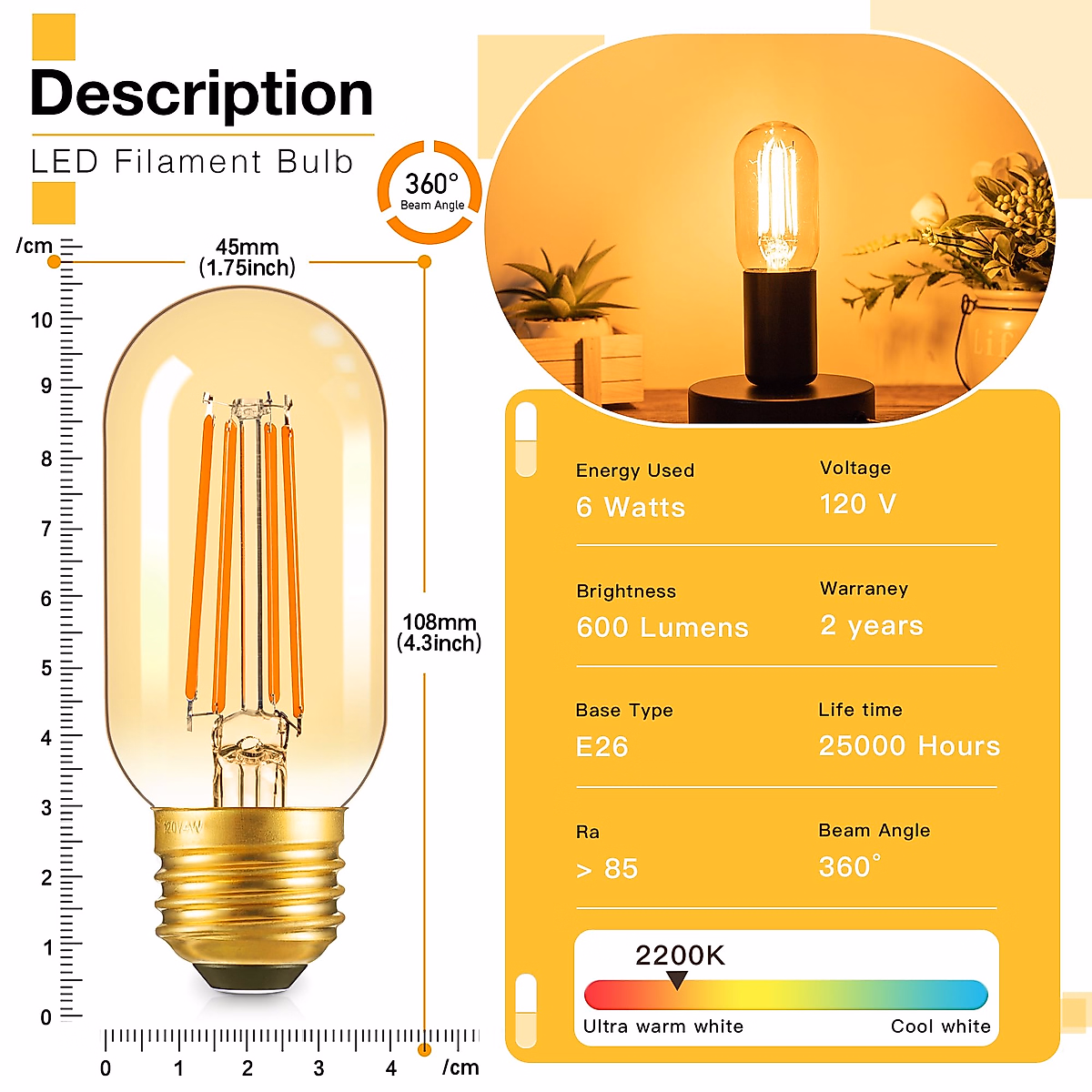Genixgreen Dimmable E26 LED Bulb 60 Watt Equal 6W Amber Tube Light Bulb, T14/T45 Vintage Filament Edison Bulb for Wall Sconces Ceiling Fan, Pendant Warm White 600Lm,Soft White 2200K,120V 4 Pack