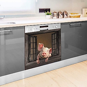 Magnetic Funny Pig Dishwasher Sticker Kitchen Cabinet Panels,Farm Window Refrigerator Door Cover Sheet,Animal Fridge Manget,Home Appliances Decor Decals 23"Wx17"H