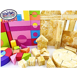 Matty's Toy Stop Deluxe EVA Soft Foam Colorful Building Blocks (52 PCS) & Wood Grain Soft Building Blocks (52 PCS) Gift Set Bundle with Carry Cases - 2 Pack (104 PCS Total)