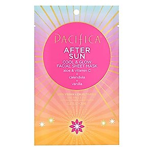 Pacifica Beauty, After Sun Cool & Glow Facial Sheet Mask, Aloe Vera, Calendula, Vitamin C, Vanilla, Cooling Mask, Suncare + Skincare, Sun Burn Relief, Vegan