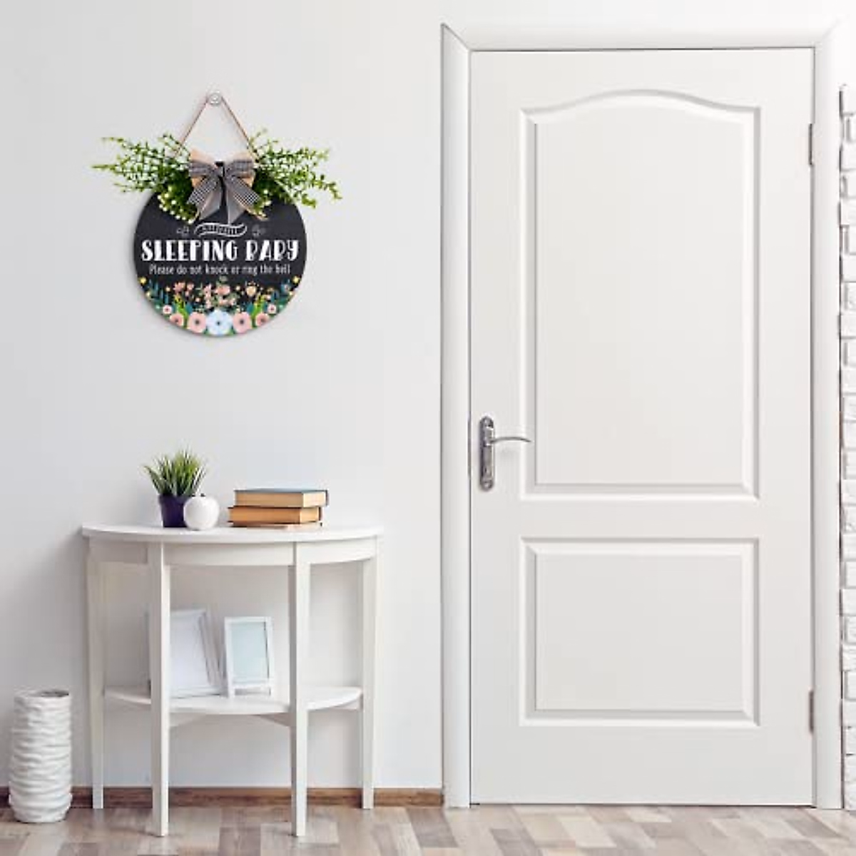 Baby Sleeping Sign for Front Door 12 Inches Funny Do Not Knock or Ring Doorbell Sign Wreath Baby is Sleeping Sign with Buffalo Plaid Bow Decoration Do Not Disturb Sign for Home Baby Room Nursery