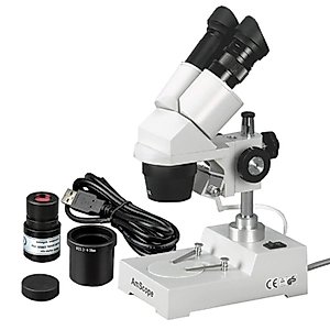 AmScope SE303-P-E Digital Binocular Stereo Microscope, WF10x Eyepieces, 10X and 30X Magnification, 1X and 3X Objectives, Tungsten Lighting, Reversible Black/White Stage Plate, Pillar Stand, 110V, Includes 0.3MP Camera and Software