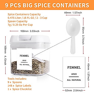 XOTAISM Seasoning Containers with Labels - 9 Pcs Big Plastic Spice Storage Containers with 148 Spice Labels and 9 Spoons - Square Stackable Kitchen Small Airtight Food Storage Containers with Lids