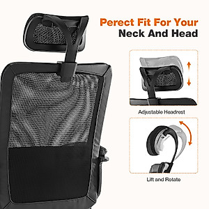 NEWBULIG Desk Ergonomic Office High Back Computer Adjustable Headrest Mesh Task Chair with Lumbar Support/Padded Armrests/Tilt Function, Black