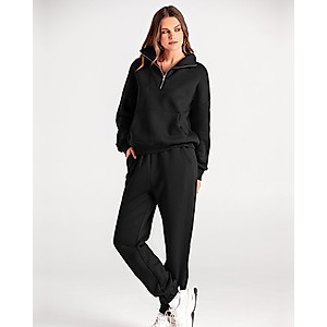 BTFBM Women 2 Piece Tracksuits Fall Winter 1/4 Zip Sweatshirt Jogger Pants Matching Lounge Sets Thick Sweatsuits Pockets(Solid Black, Large)