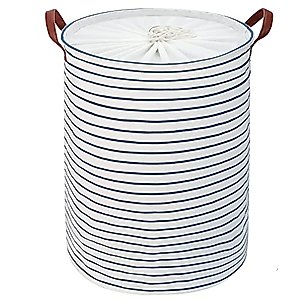 DOKEHOM 20-Inches Freestanding Laundry Basket with Lid, Collapsible Large Drawstring Clothes Hamper Storage with Handle (Blue Stripe, L)