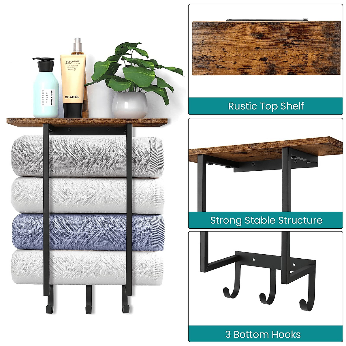 ELITEROO Towel Racks for Bathroom Wall Mounted, Towel Holder with Wooden Shelf and 3 Hooks for Washcloths Hand Towel, Bath Towel Storage Organizer for Small Bathroom, RV, Rustic Brown