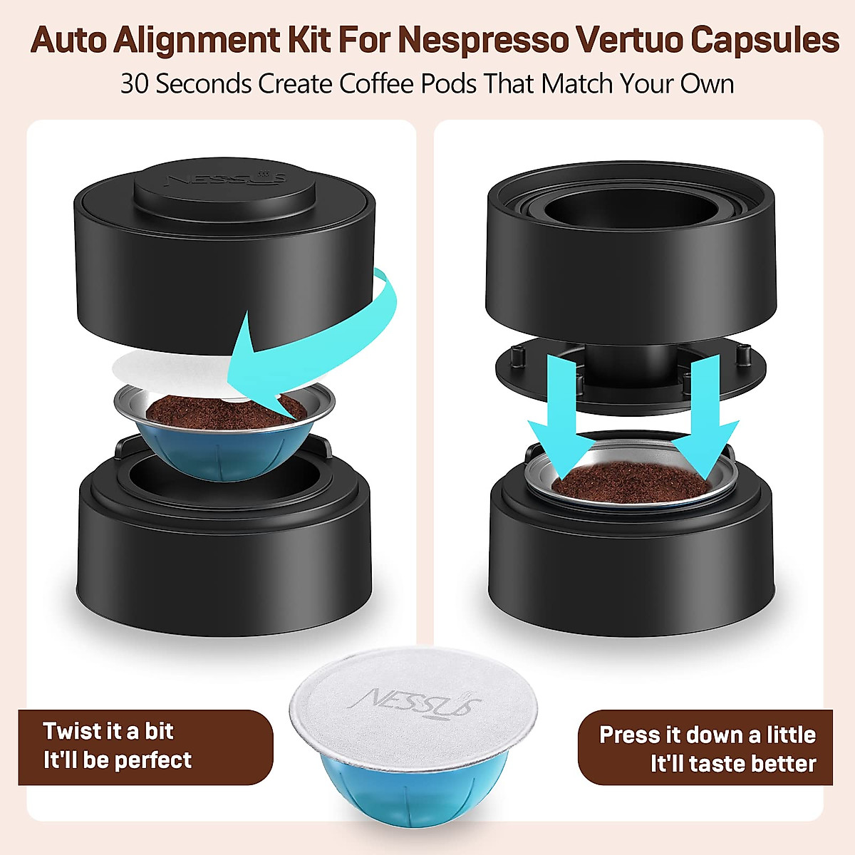 Nessus Reusable Vertuo Capsule Kit, [ALSeal EZ FIT] for Reusable Nespresso Pods with 100 Pcs Aluminum Foil Seal Lids, Holder, Brush, for Refilling Nespresso Vertuo Pods Reusable Vertuoline Pod