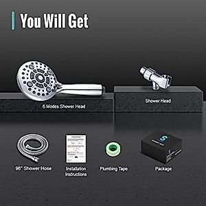 Shower Head, SR SUN RISE 6-Settings 5" High Pressure Handheld Shower Head Set with 2.45 Meter/96 Inch/ 8 FT Long Shower Hose and Shower Arm Mount with Brass Ball Joint,Chrome