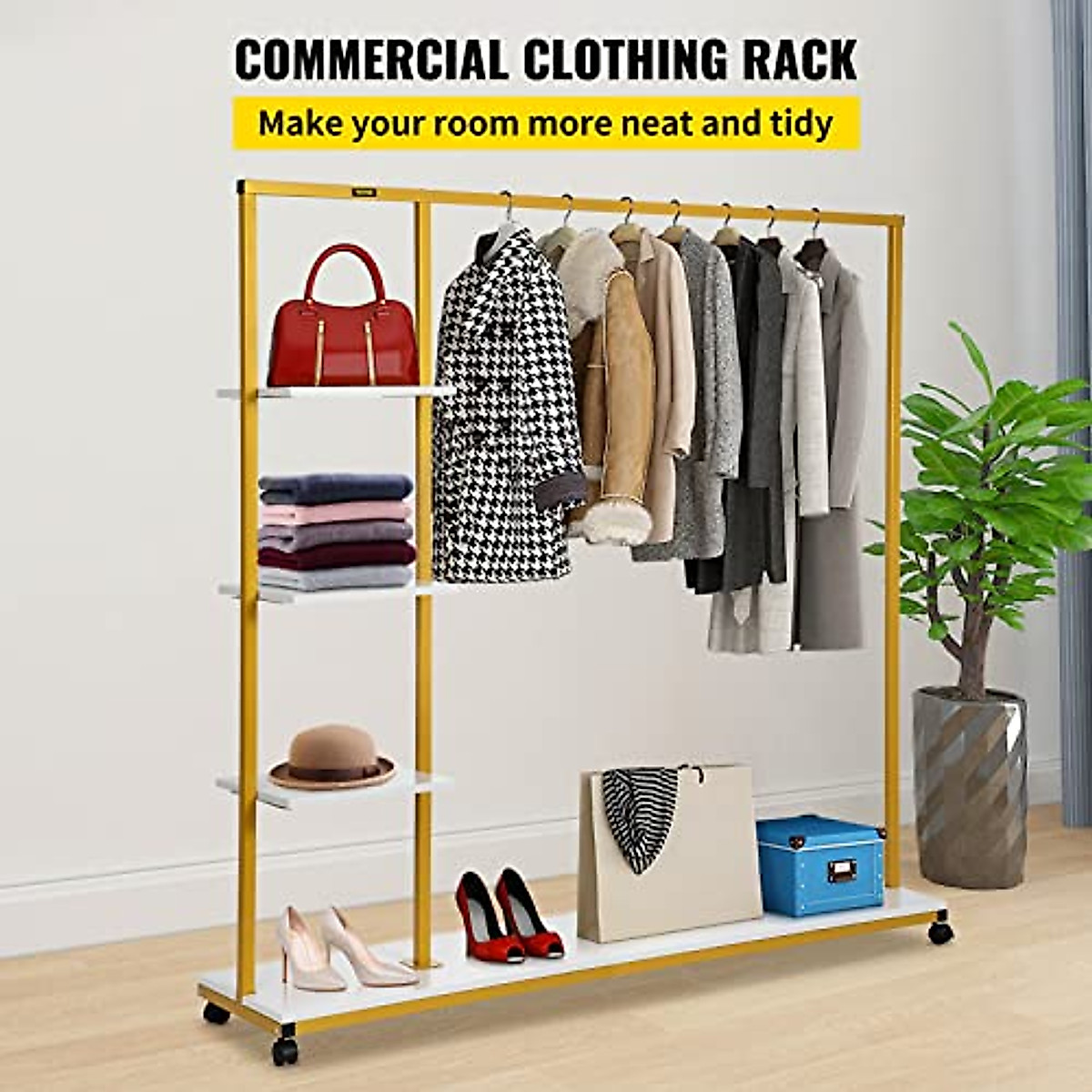 VEVOR Clothing Garment Rack, 59.1"x14.2"x63.0", Heavy-duty Clothes Rack w/ Bottom Shelf & Extra 3 Side Shelves, 4 Swivel Casters, Rolling Clothes Organizer for Laundry Room Retail Store Boutique, Gold