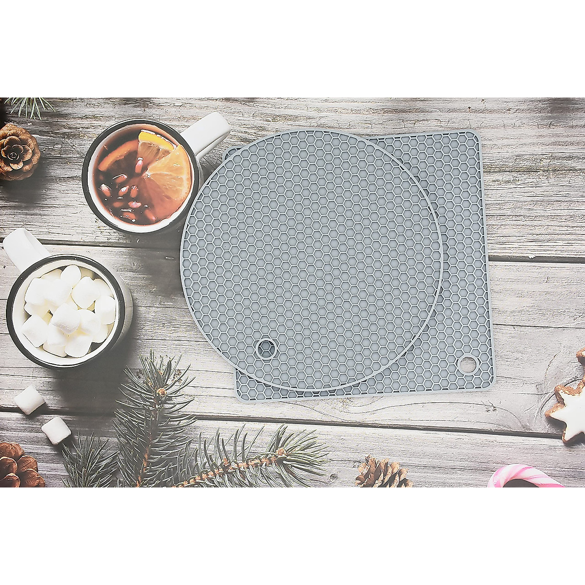 FELIBAY Silicone Trivet Flexible Pot Mats Non Slip Potholder Heat Resistant Kitchen Trivet Hot Pads, Multi Purpose Pot Holder Jar Opener Spoon Holder Oven Mitts (Grey)