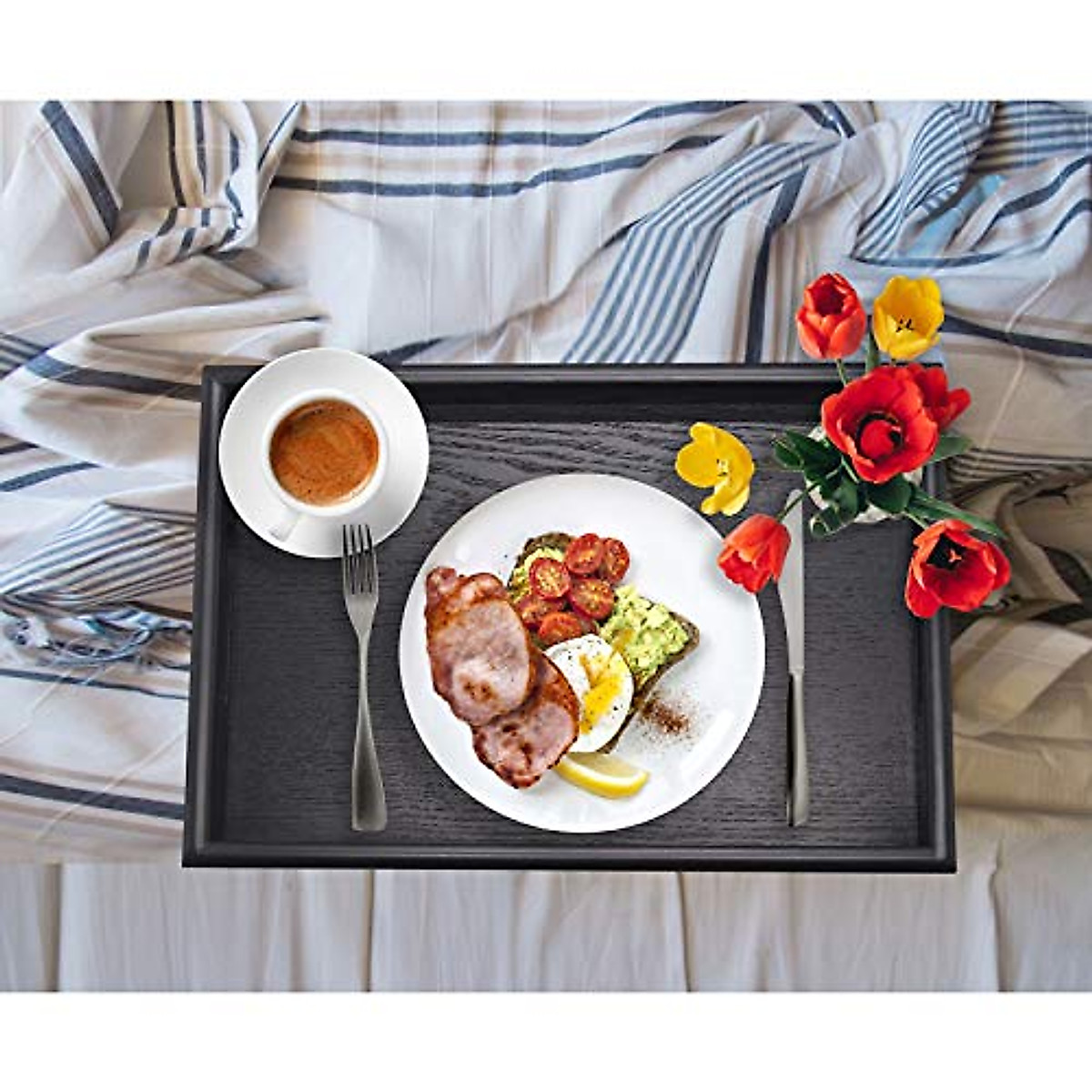 Solid Wood Serving Tray, Rectangle with Handle Hole Non-Slip Tea Coffee Snack Plate Food Meals Serving Tray with Raised Edges for Home Kitchen Restaurant(11.8x7.9x1.4, Black)
