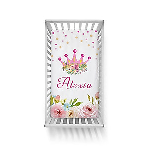 Munific Personalized Girl Crown Baby Crib Sheet with Name, Custom Crib Mattress Sheets for Baby Girls, Fitted Crib Bedding Sheets, Pack and Play Sheets, Mini Crib Sheet | Name Crib Sheets