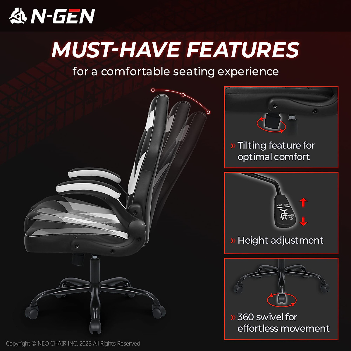 N-GEN Video Gaming Computer Chair Ergonomic Desk Office Chair for Adults with Lumbar Support Flip-Up Arms Adjustable Height Swivel Wheels PU Leather Executive Design for Home and Office (White)