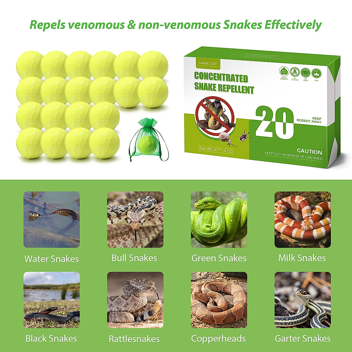 MAGIC CAT Snake Repellent for Yard Powerful, 20 Pack Snake Away Repellent Pet Safe for Yard Lawn Garden Camping Fishing, Natural Plant-Based Repellent Balls for Outdoor & Indoor Snake Control
