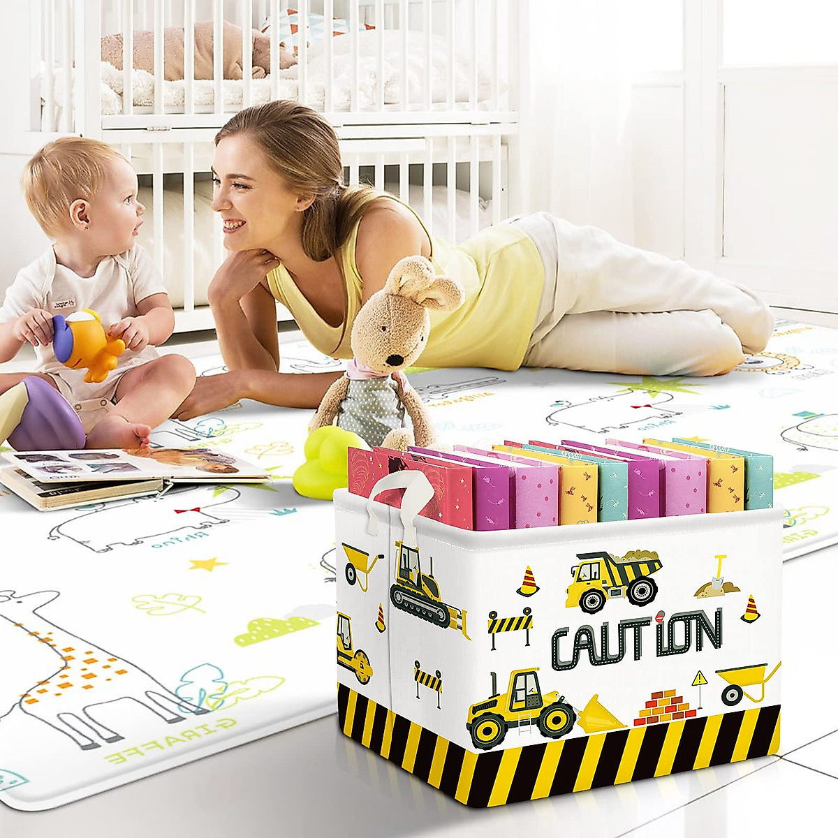 Clastyle Cartoon Construction Cars Shelf Basket for Kids Room Cranes Excavator Bulldozer White Rectangle Clothes Toys Cube Storage Basket, 36L