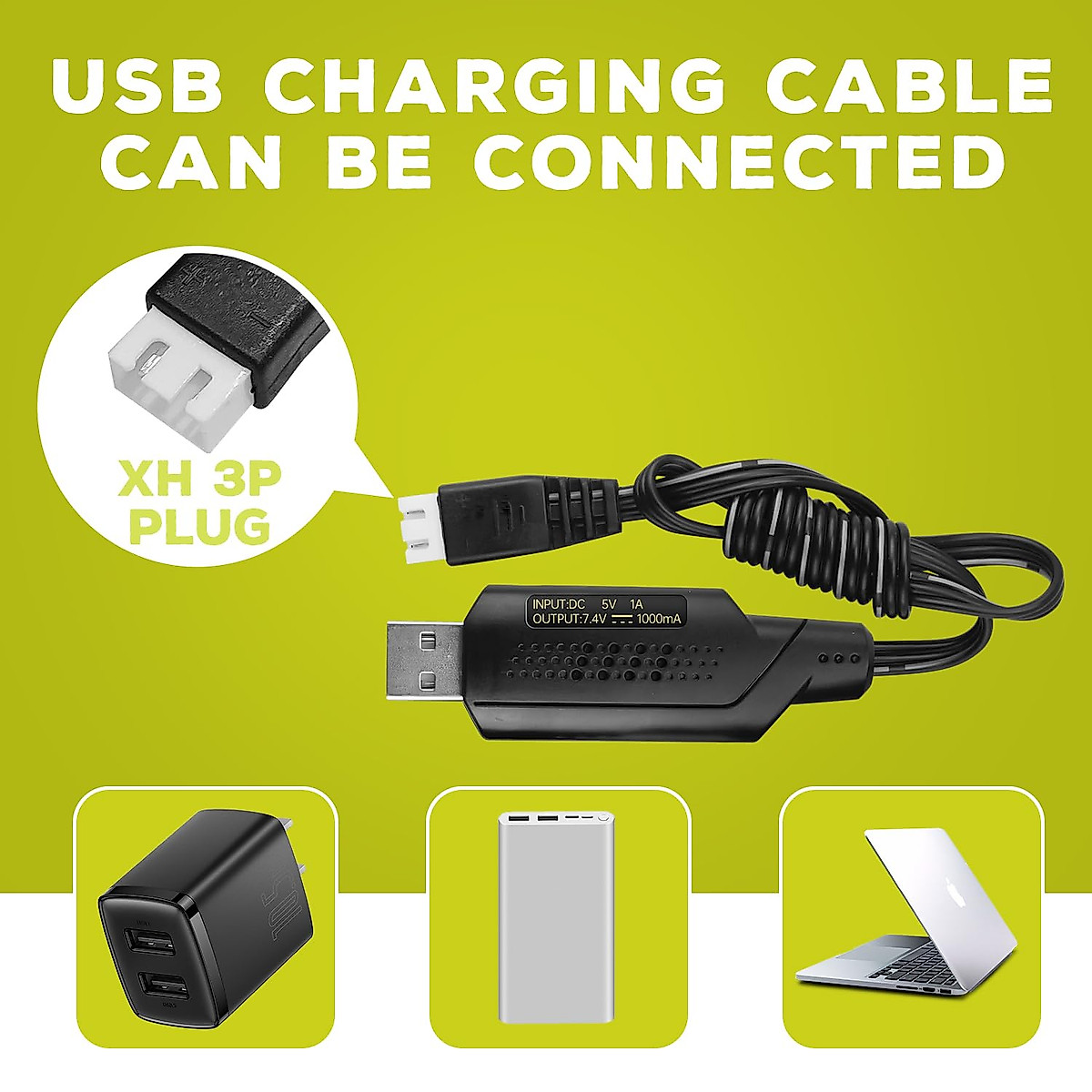 sea jump 7.4V LiPo 2S 50C 800mAh with JST and PH2.0 Plug with USB Charging Cable for SCX24 RC Car Battery, Bompatible with Most 1/10, 1/16, 1/18, 1/24 Scale RC car, Truck and RC Drone Batteries