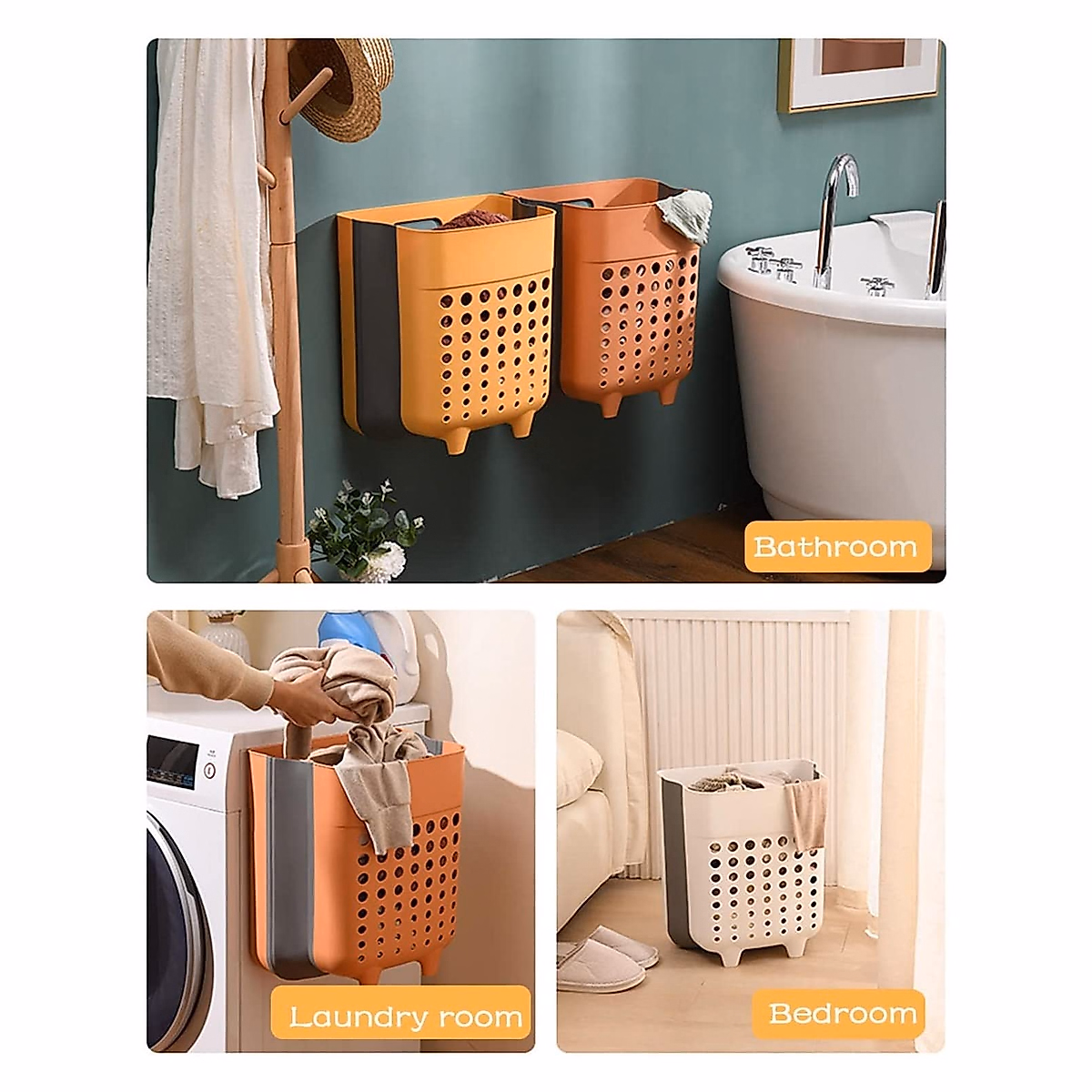 basket hamper Wall Mounted Laundry Hamper, 36L Collapsible Tall Laundry Hamper with Carry Handle, Space-Saving Wall Laundry Basket, Plastic Wall Laundry Basket for Clothes, Snacks, Toys, Sundries ( Co