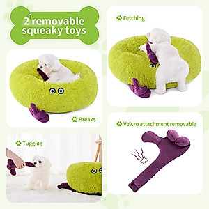 Mooncube Calming Dog Bed for Medium Dogs, 24-Inch Donut Orthopedic Round Pet Bed with Removable Squeaky Toys, Fits up to 25 lbs, Green