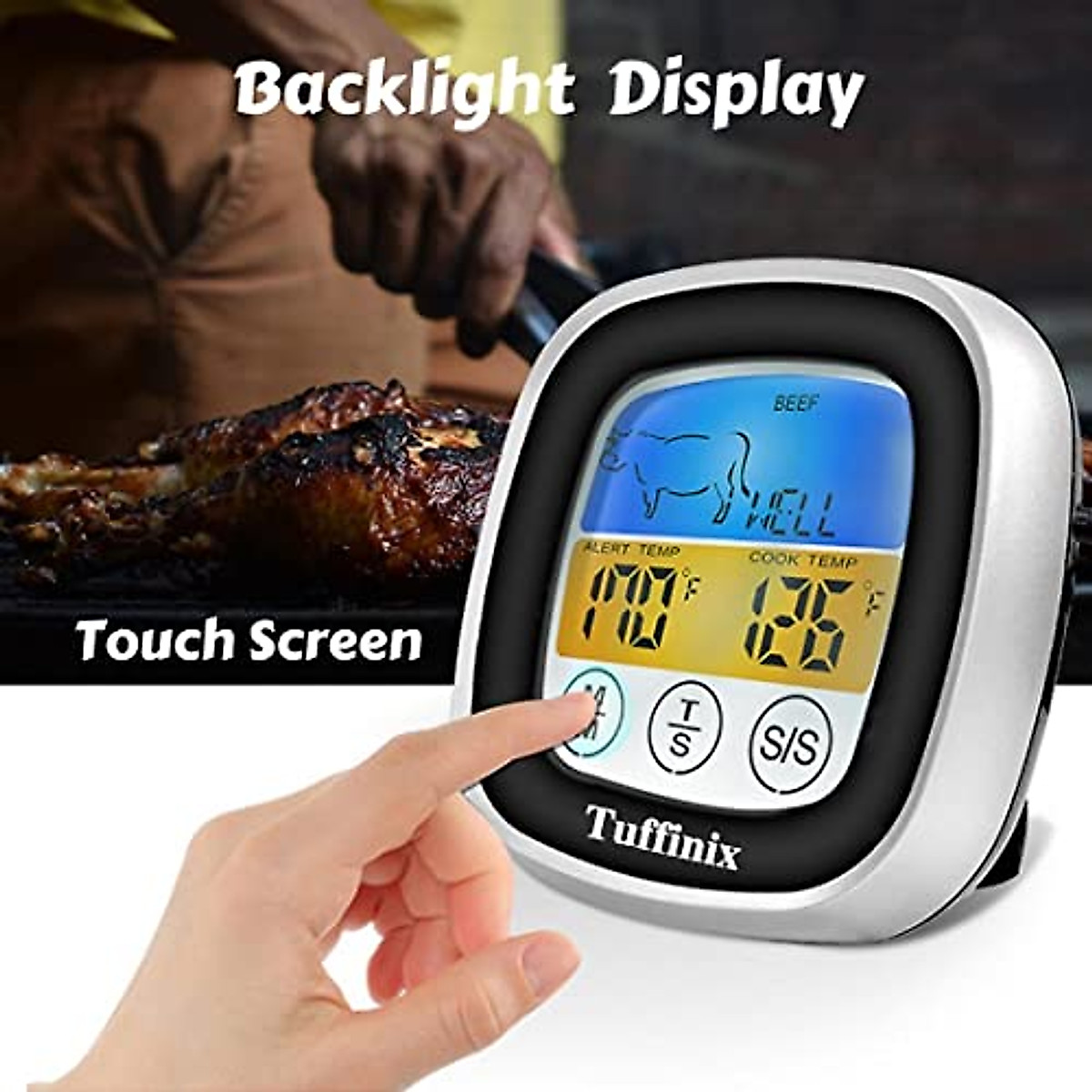 Digital Touchscreen Meat Food Thermometer - Tuffinix Instant Read Meat Thermometer 40in Probe Kitchen Cooking Thermometer with Timer Function Oven Safe for BBQ Frying Pan Smoker Cooking