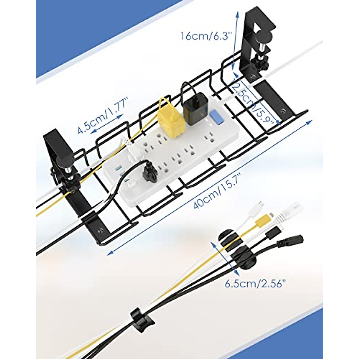 Under Desk Cable Management Tray, No Drill, 15.7'' Under Desk Cord Organizer with Clamp Cable Tray, Metal Under Desk Wire Management Wire Organizer Cord Management Tray for Desk, Classic Black