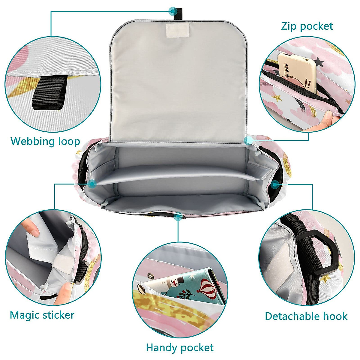 Sinestour Rainbows Clouds Star Stroller Organizer with Cup Holder Universal Stroller Organizer Bag Detachable Shoulder Strap Stroller Accessories for Diaper Keys Phone Toys Fit All Baby Stroller