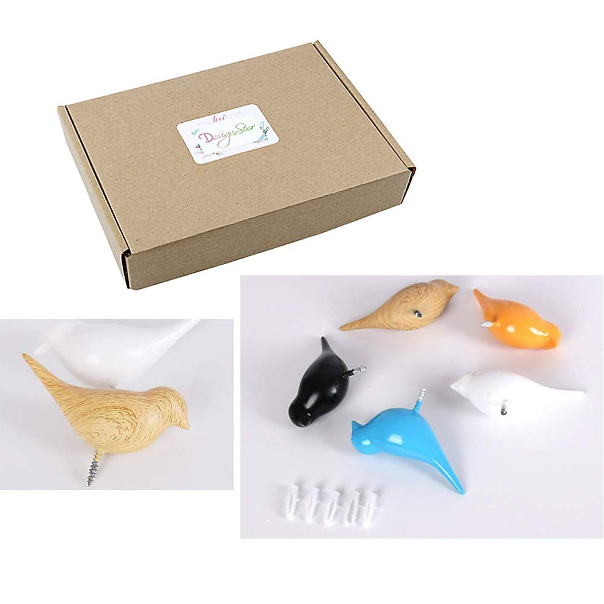 DesignSter Resin Bird Coat Hooks - Premium Creative Wall Mounted Birds Decorative Art Decor Hat Towel Bag Hanger Gift for Home,Living Room, Bedroom, Shop, Set of 5