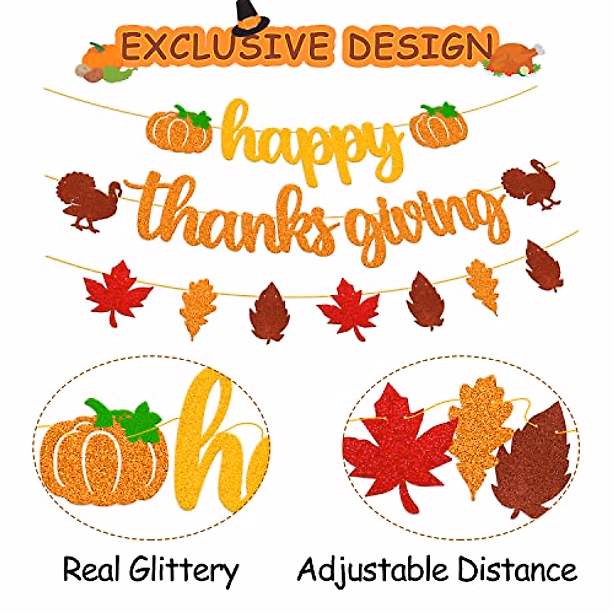 Happy Thanks Giving Banner Fall Leaves Garland Thanksgiving Day Autumn Turkey Theme for Happy Thanksgiving Party Glitter Gold Decoration