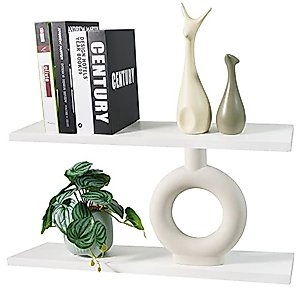 24 Inch Floating Shelves White Floating Shelf for Wall Set of 2, Durable Natural Wood Oak Floating Shelf for Bedroom Bathroom Kitchen, Easy Assembly, Classic Design, White Color, 24*6*0.8 (2 Pack)
