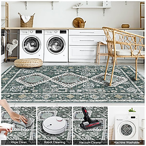 Vamcheer Washable Rugs Area Rugs - 5x7 Washable Area Rugs for Living Room Bedroom Dining Room Kitchen Non-Slip Rugs,Soft Low-Pile Indoor Machine Washable Vintage Carpet, Green