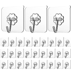 通用 30 Pcs Adhesive Hooks,Transparent Heavy Duty 12 lb(MAX) Wall Hooks for Household Use, Professional Waterproof and Oil Proof Bathroom Kitchen Adhesive Wall Hooks, 2.36 x 2.36 inches (Hooks-008)