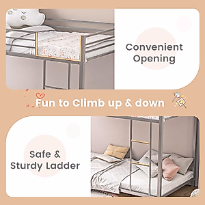 Giantex Metal Bunk Bed Twin over Twin, Low Profile Bunk Bed Frame with Ladder & Full Length Guardrail, Space-saving Twin Size Bed Frame for Kids Teens, No Box Spring Needed (Silver)