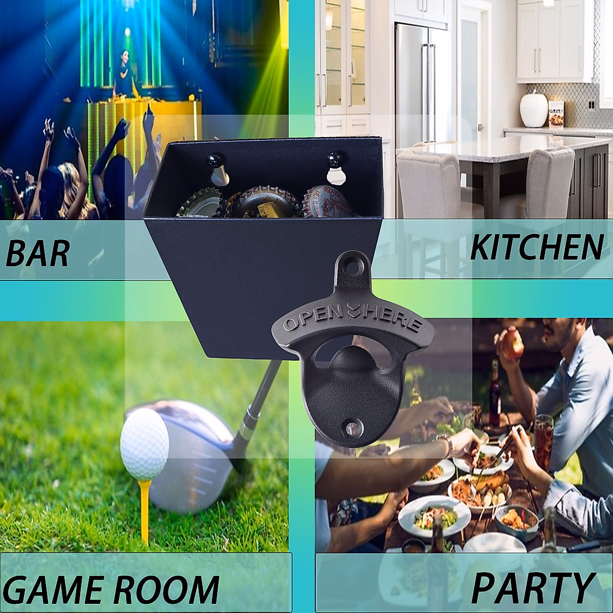 HAIICEN Black Bottle Cap Opener Wall Mounted Beer Opener with Cap Catcher Stainless Drained Outdoor (Pack of 2)