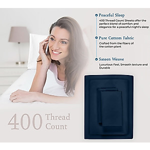 ROYALE LINENS 400 Thread Count 100% American Grown Cotton 4 Piece Sateen Queen Sheet Set - 1 Fitted Sheet, 1 Flat Sheet, 2 Pillow case - Navy Queen Bedsheet - Cotton Sheets - (Queen, Rivera Navy)