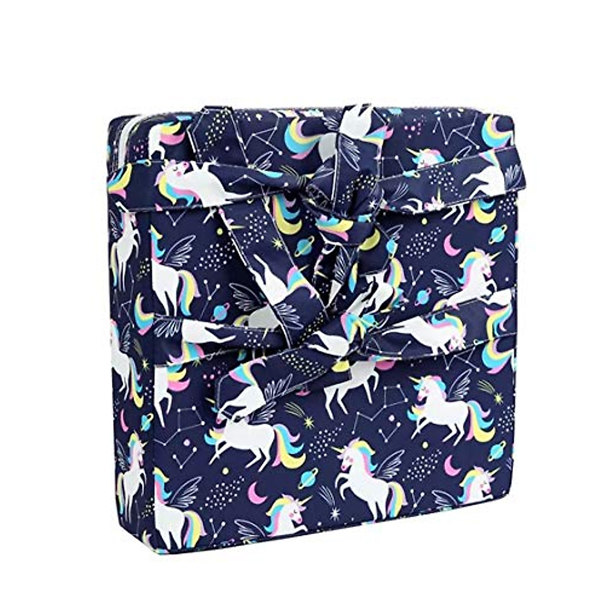 Mornenjoy Toddler Booster Seat Cushion for Dining Table,Chair Increasing Cushion for Children,Highchair Booster Cushion Washable Cloth Square Kids Seat Cushion with Straps (Unicorn Blue)