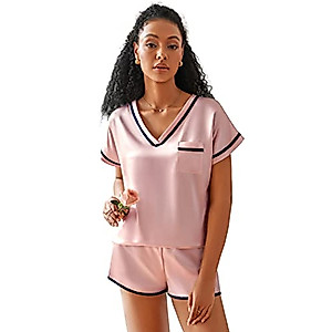Ekouaer Satin Pajamas for Women's Soft Short Sleeve V-Neck Silk Loungewear Sexy Pjs Set Pink