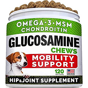 Glucosamine Treats for Dogs - Joint Supplement w/ Omega-3 Fish Oil - Chondroitin, MSM - Advanced Mobility Chews - Joint Pain Relief - Hip & Joint Care - Chicken Flavor - 120 Ct - Made in USA