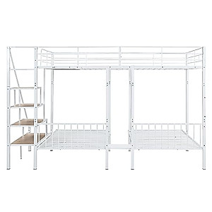 Merax Full Over Twin-Twin Triple Metal Bunk Bed Frame with 2 Storage Drawers and Staircase,White