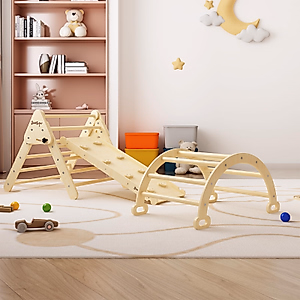 BanaSuper 3 in 1 Climbing Triangle Ladder with Ramp & Arch Foldable Wooden Climbing Triangle Set Montessori Climbing Toys for Baby Ourdoor Indoor Playground Play Gym Gift for Boys Girls