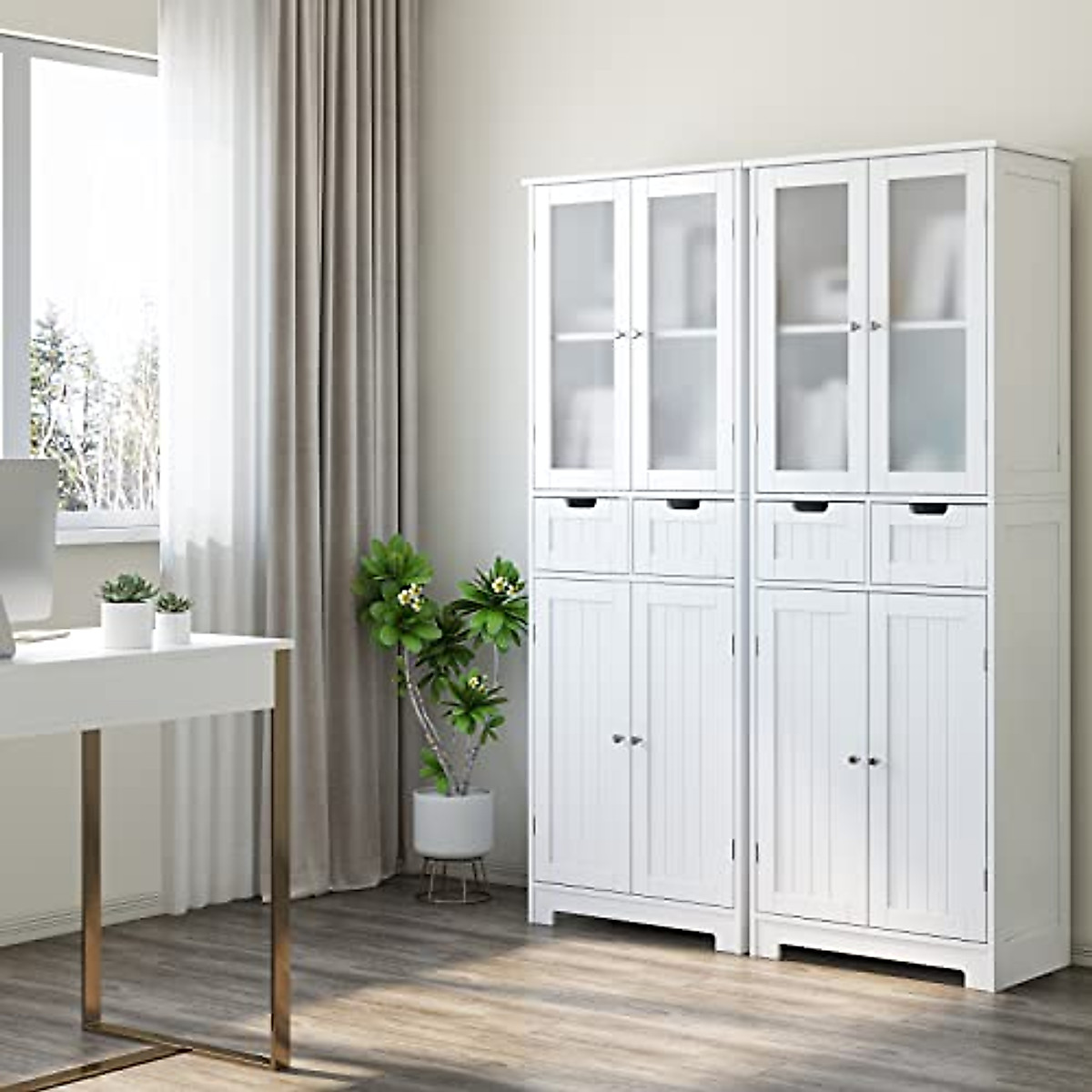 HORSTORS Tall Storage Cabinet, Freestanding Kitchen Pantry Cabinet with Glass Doors and Shelves, Large Modern Cupboard with 2 Drawers for Home Office, White, 23.6" L x 11.8" D x 66.9" H