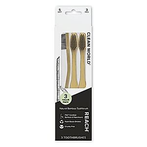 Reach Clean World Natural Bamboo Toothbrush, Soft Plant-Based Bristles, FSC Certified Bamboo and Paperboard, Recyclable Packaging, 3 Count