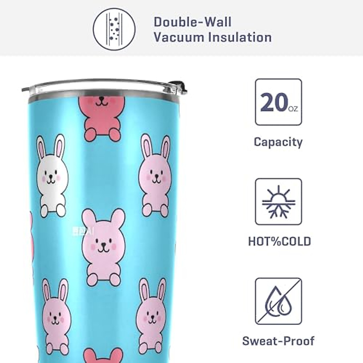 HXshaoye cute animal rabbits bunny blue peach Stainless Steel vacuum insulated water bottle Leak-proof Lid and Straw mug spill proof leak proof for gym simple travel coffee tumbler vaso para cafe