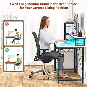 armocity 2024 Upgrade Gaming Desk with LED Lights, Small Computer Desk with Long Monitor Stand, 40'' Reversible Laptop Table with Shelves, Small Desk for Small Spaces, Gaming Room, White and Blue