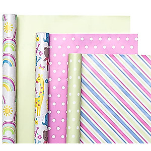 WRAPAHOLIC Reversible Baby Shower Wrapping Paper - Mini Roll - 3 Rolls - 17 Inch X 120 Inch Per Roll - Solid Green, Polka Dot, Stripes, Rainbows, Cute Animals & New Baby Lettering