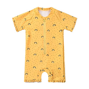 Cadocado Girl Short Sleeve Rash Guard Shirts One Piece Swimsuit UPF 50+ Sun Protection Swimwear,Yellow Print,2-3 Years