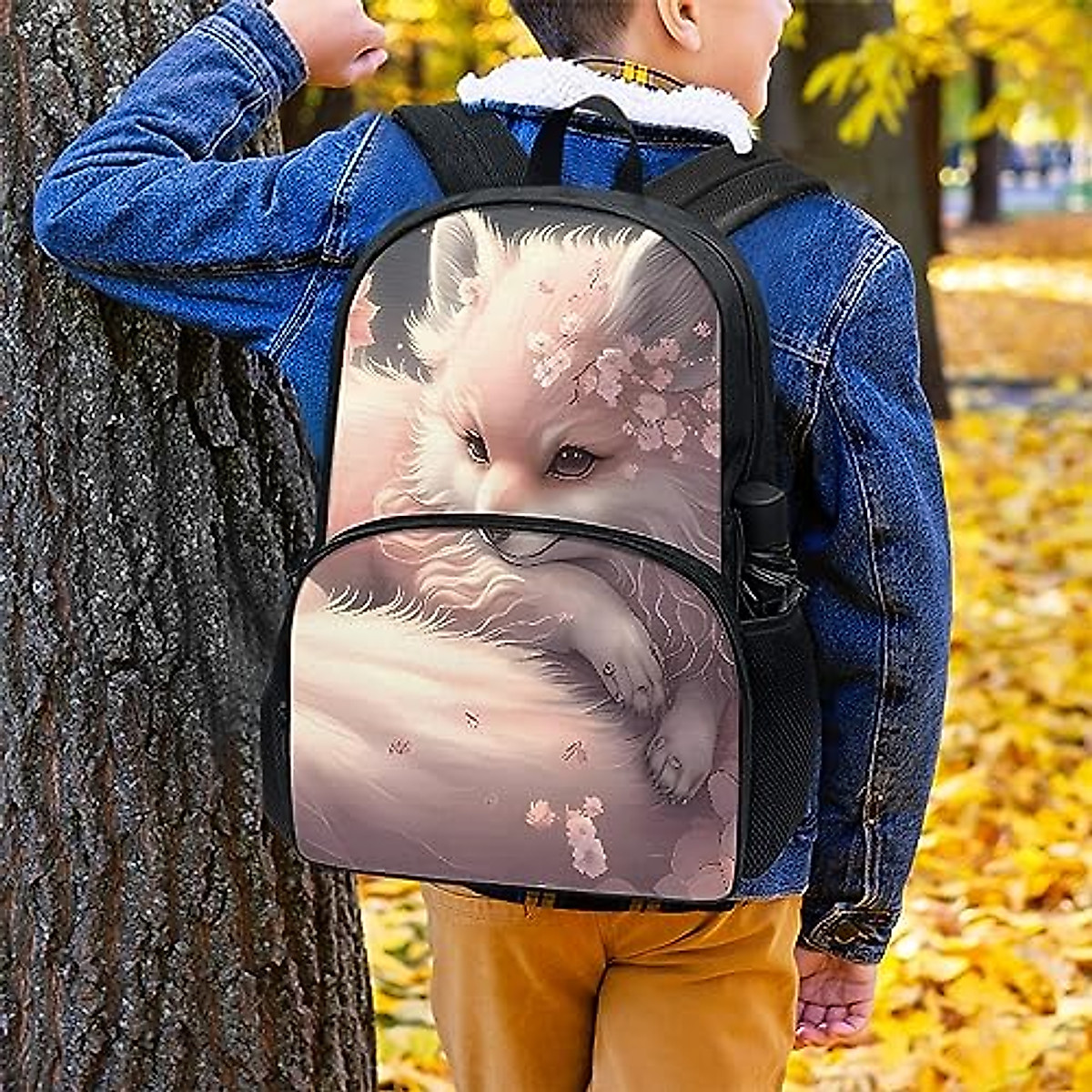 DMOYALA Cute Fox Love Backpack for Girls and Boys Cute Fox Baby Blossom Pink Backpacks with Water Bottle Pocket Lightweight Canvas Back to School Supplies
