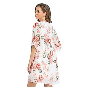 1stvital Women's Loose Chiffon Dresses Short V Neck Dress Cocktail Party Elegant Evening Dress Open Sleeve White&Red Floral,M Pink Flowers